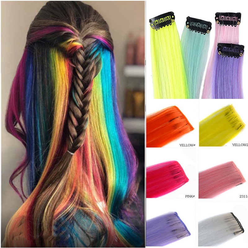 16 na kulay na extension ng buhok Sintetikong mahabang tuwid na makulay ...