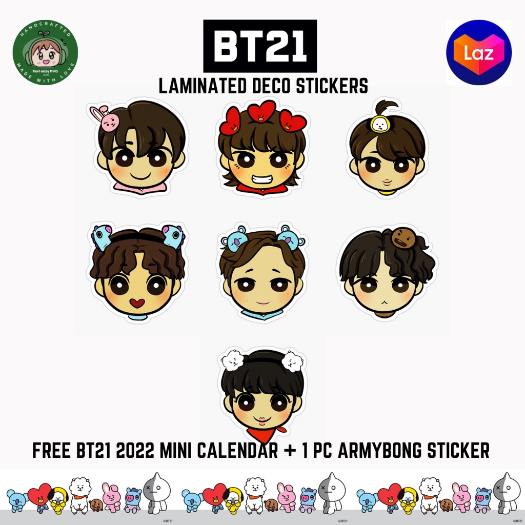 BTS x BT21 Waterproof Photo sticker Pack Size 1.5 to 2 inches + Free 2022 BT21 Mini Calendar + 1 ...