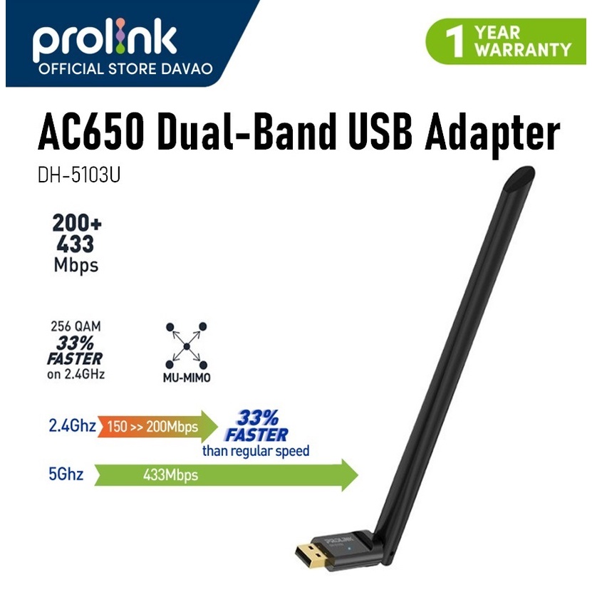 PROLiNK DH-5103U AC650 ac11 Dual-Band wireless USB Network Adapter high gain 6dBi Antenna ...