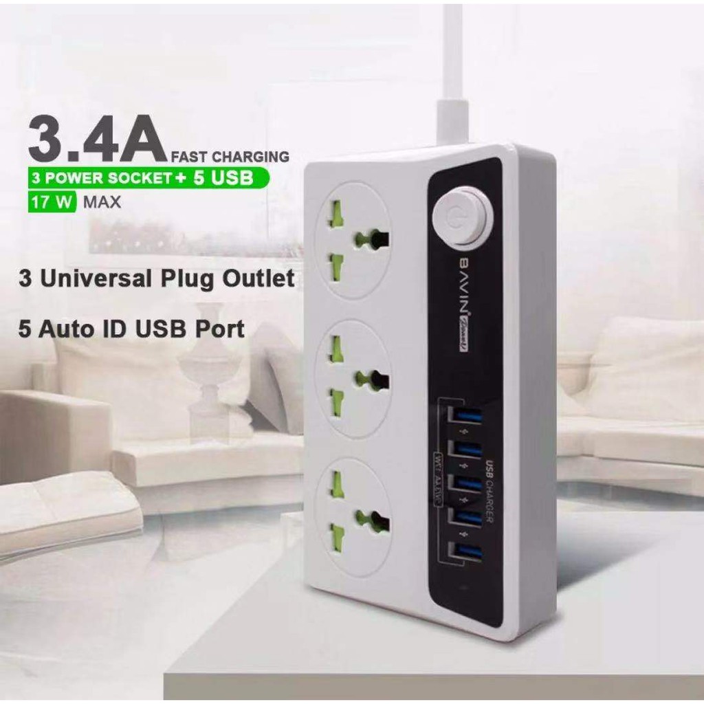 Bavin 3 Power Socket Extension 17W with 5 Slot 3.4A Universal AC USB ...