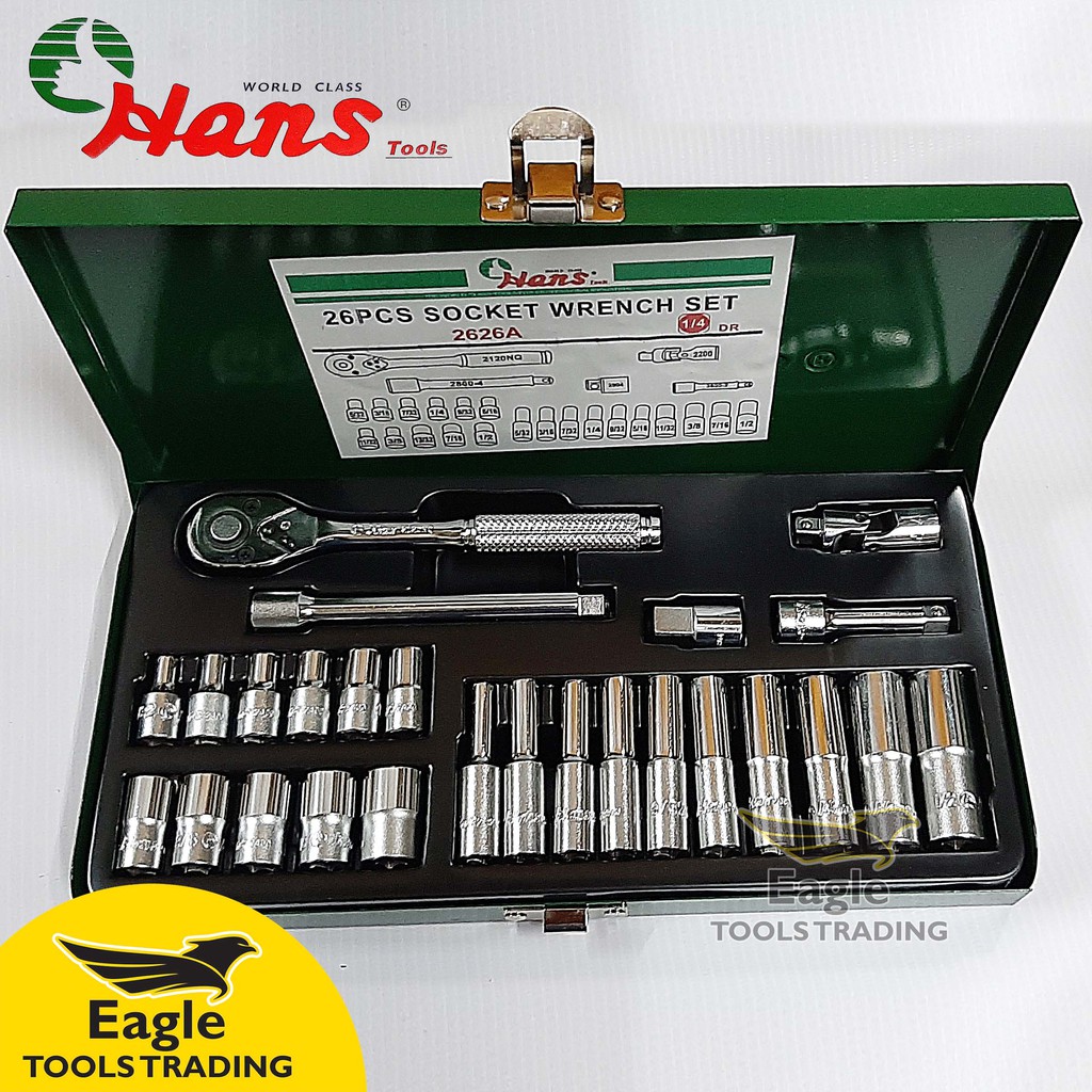 Hans 1/4" Drive 26pcs SAE Deep Socket & Socket Wrench Set | 2626A 6PTS ...