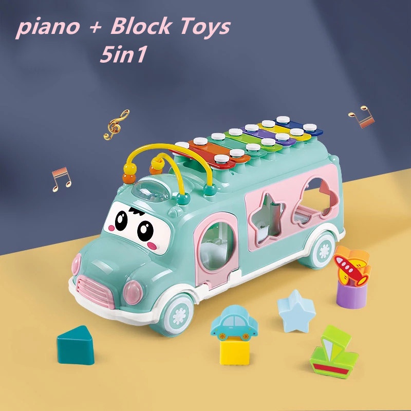 Children's hand knock piano bus building blocks puzzle 5 in 1 bus ...