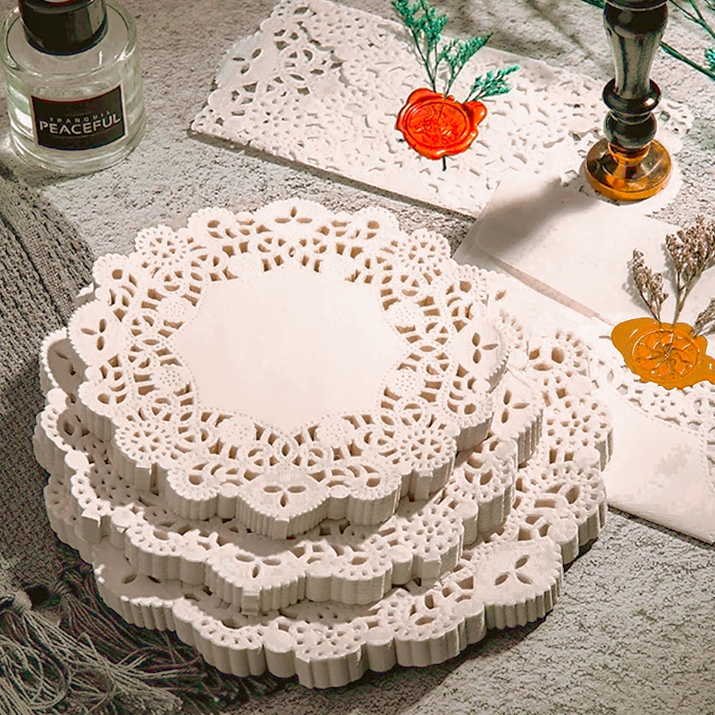 100 Sheets White Floral Hollow Round Lace Paper Pad Birthday Party Deco ...