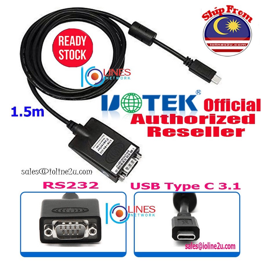 UOTEK UT-880-TC FTDI FT232 USB 3.1 TYPE C to Serial RS232 DB9 Converter 1.5m Win XP/7/8/10/11 ...