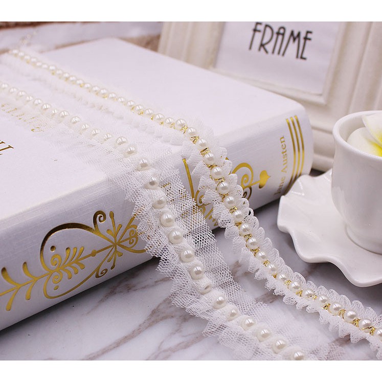 1 Yard Pearl Beaded Lace Trim White Mesh Fabric Lace | Shopee Philippines