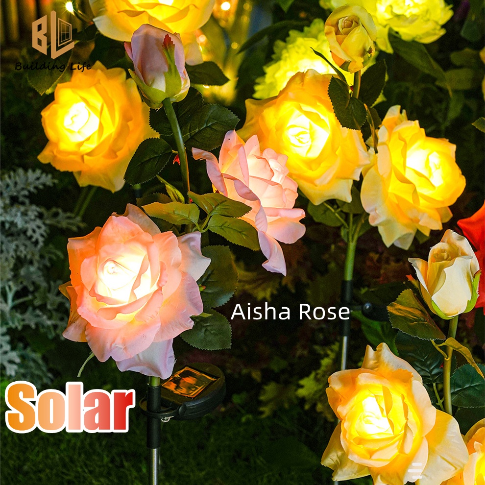Solar Rose Lights Outdoor LED Simulation Aisha Rose Lamp 3 Head Rose ...