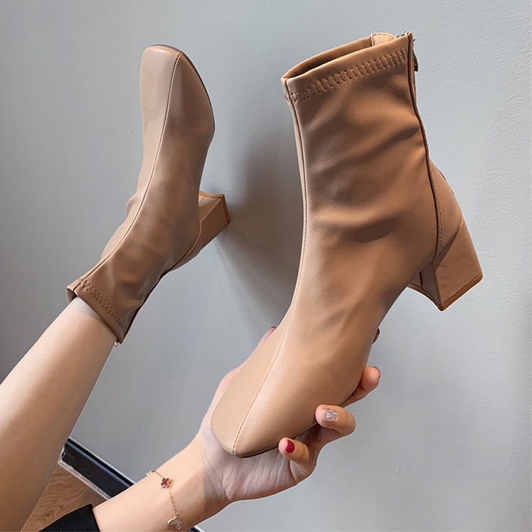 Women's chunky heel boots mid heel Martin boots stretch thin boots ...