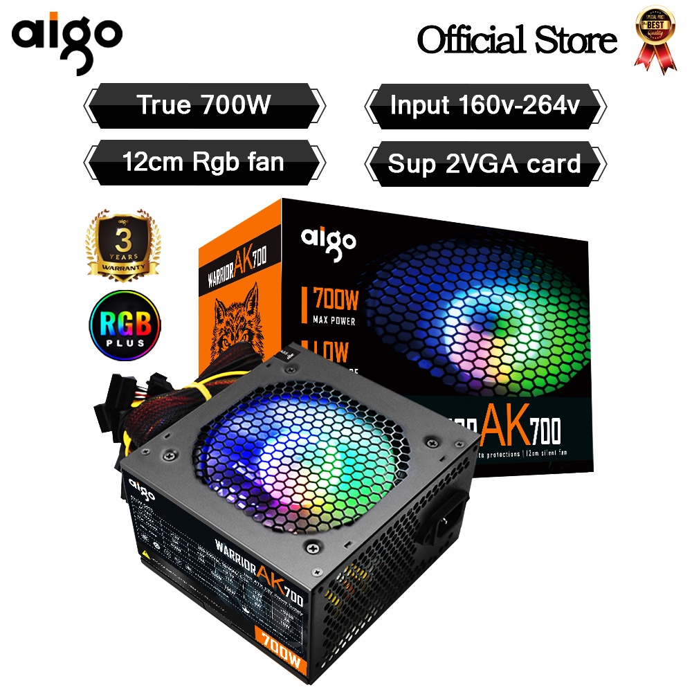 Aigo AK 700W PC PSU Power Supply unit Black Gaming Quiet 120mm rgb Fan ...