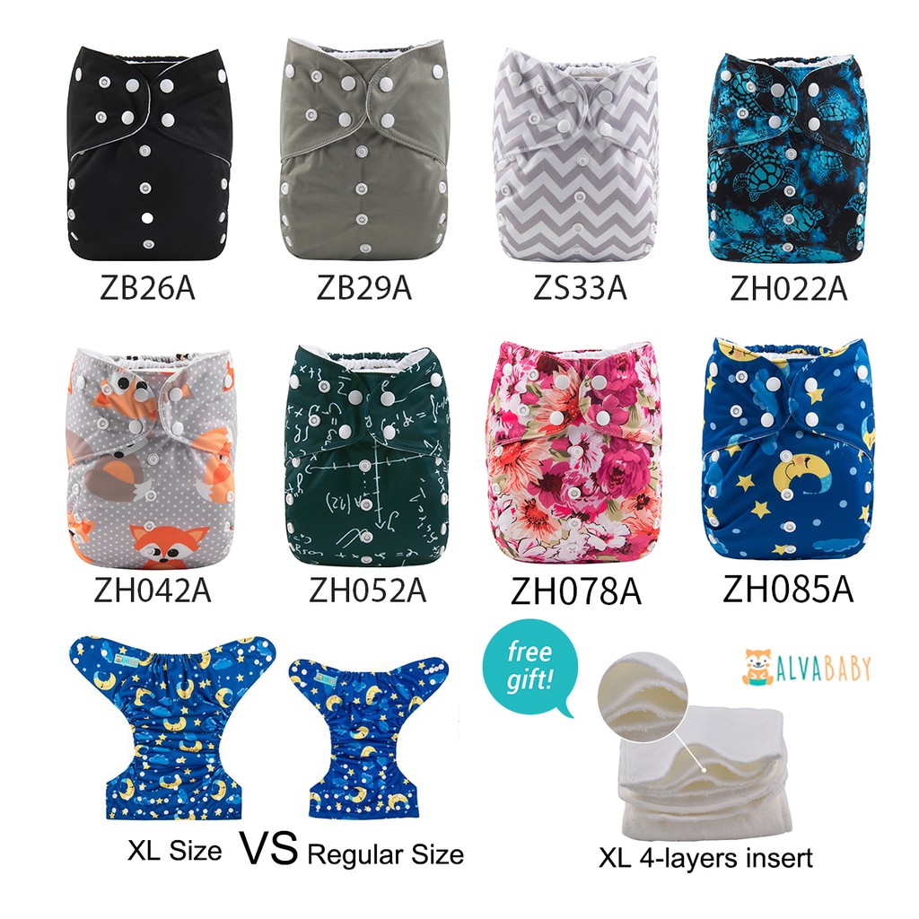 ALVA Big Size Baby Cloth Diapers with XL 4-layers Microfiber Insert Fit ...