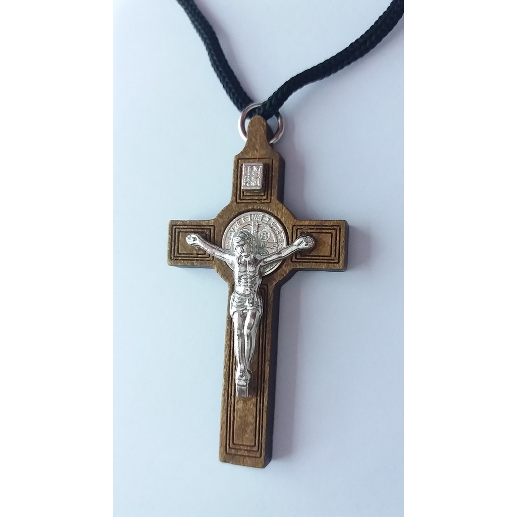 WOODEN CRUCIFIX, WITH ST BENEDICT BACK TO BACK, 60cm BLACK LACE, PLAIN ...