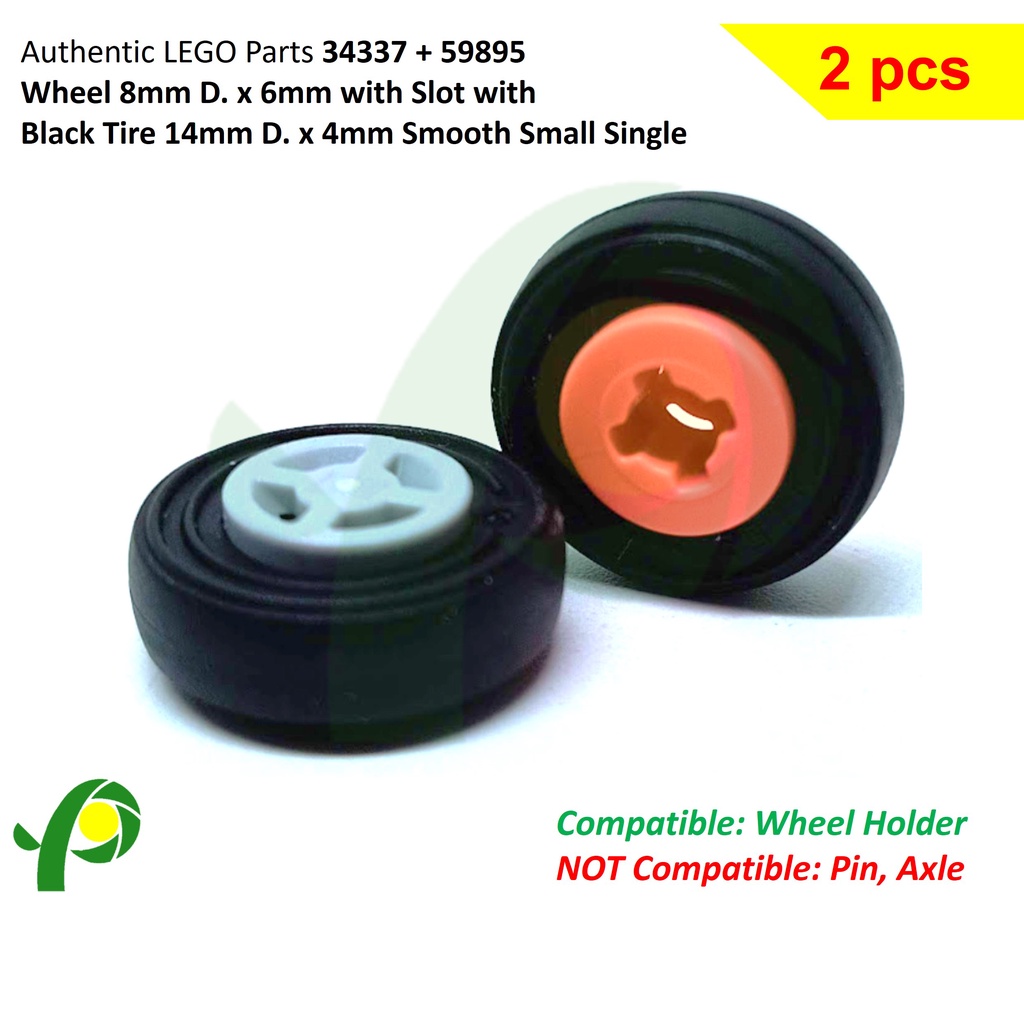 LEGO Parts 34337+59895 Wheel 8Dx6mm Slot with Tire 14Dx4mm Smooth Small ...