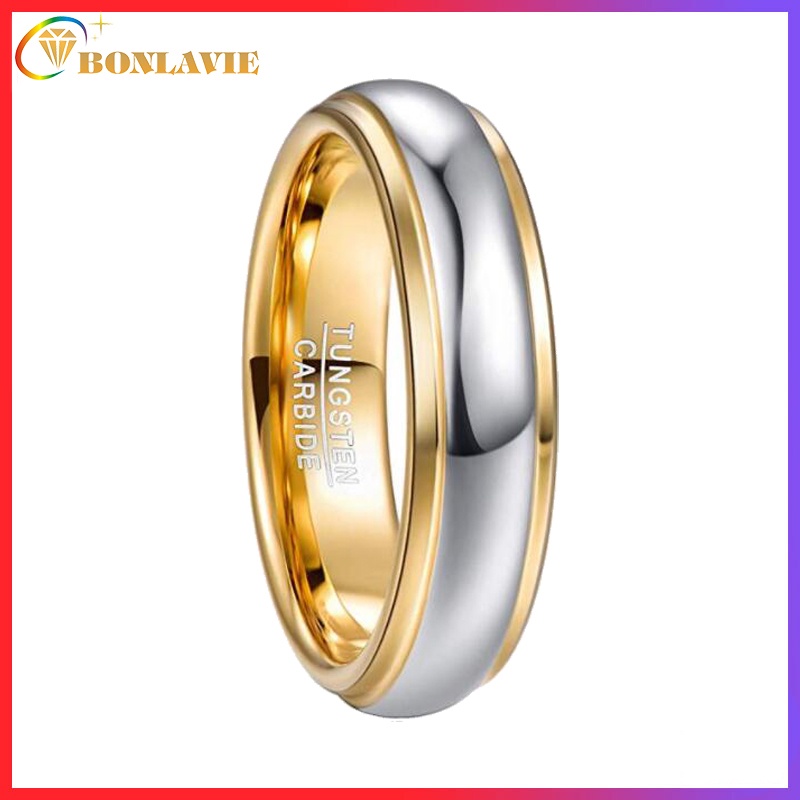 BONLAVIE 6mm Width Domed Polished Step Gold Color Plateing Tungsten ...
