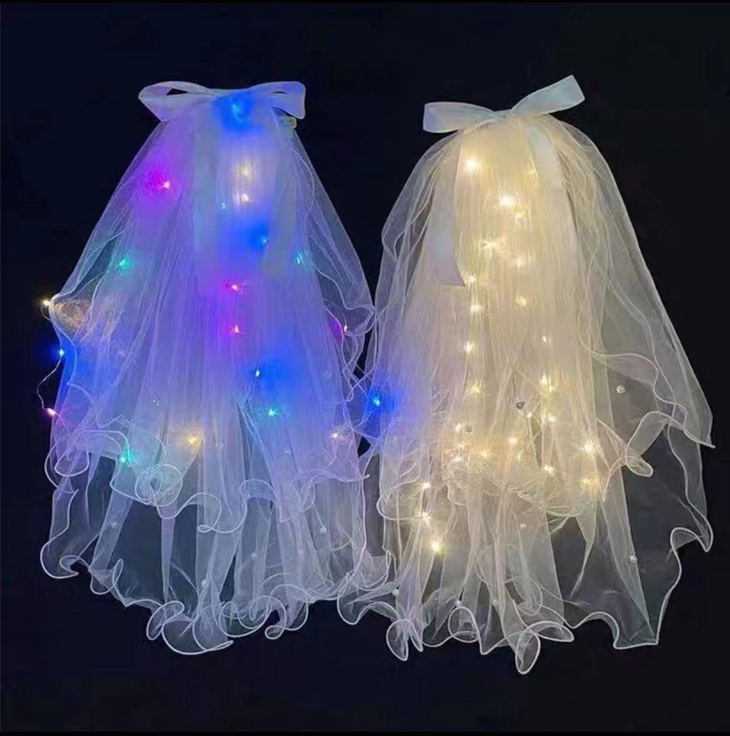 Double-layer LED Lighting Veil Crown Bowknot Pearl Lighted Birthday ...