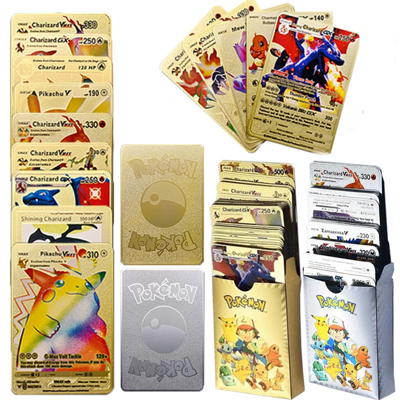 55Pcs 27Pcs English Version Metal Gold Silver Pokemon Cards Waterproof ...