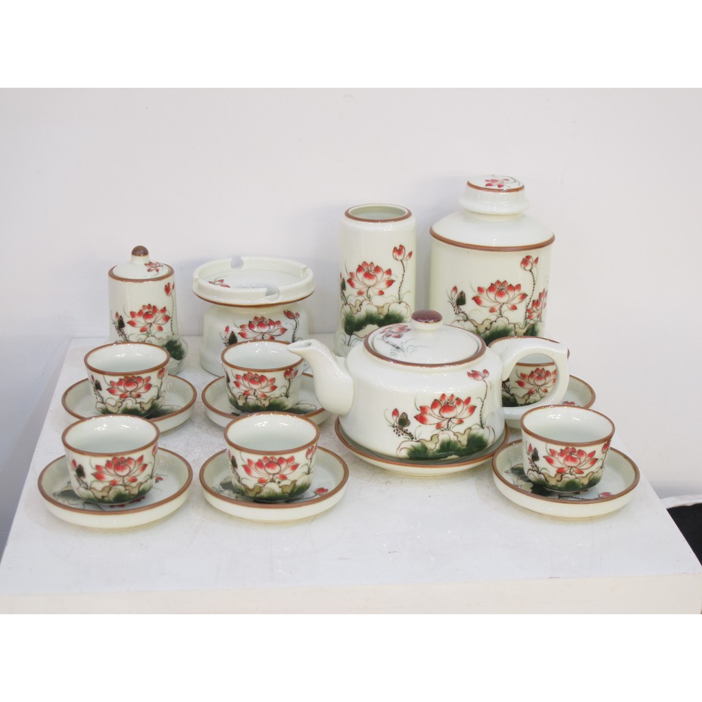 Bat Trang lotus cream teapot set with accessories | Shopee Philippines