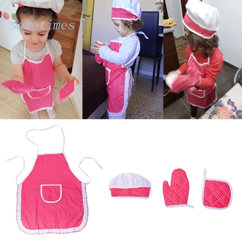 Time 4Pcs Girl Chef Role Play Costume Set Apron Chef Hat Baking Gloves ...