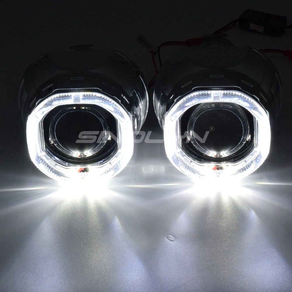 Square LED DRL Angel Devil Eyes Halo Rings DRL Car Headlight Bi-xenon ...