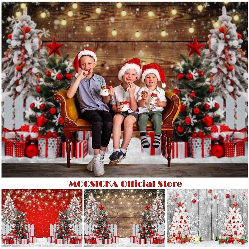 2022 NEW Red Christmas Backdrop Rustic Wood Snow Xmas Tree Photoshoot ...