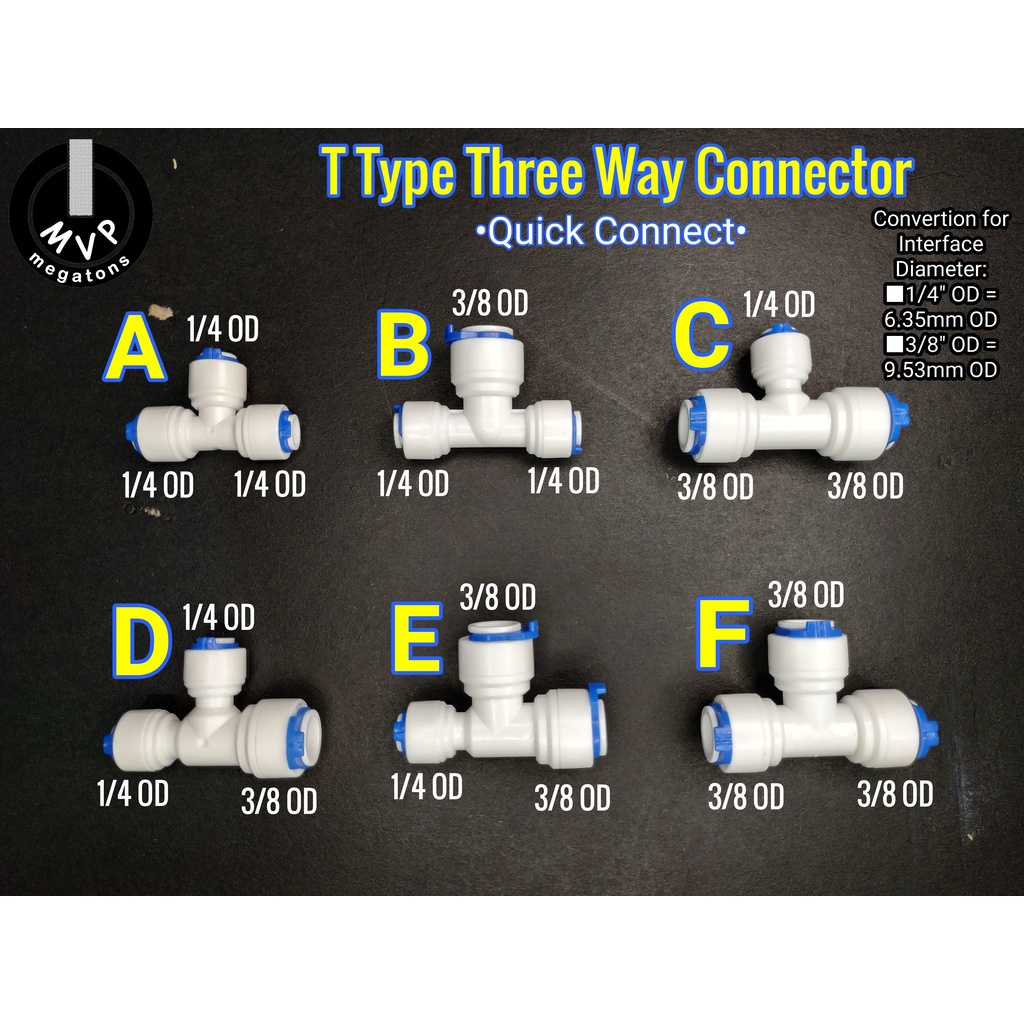 T Type 3 Way Connector Quick Connect RO Fittings 1/4" and 3/8" Reverse ...