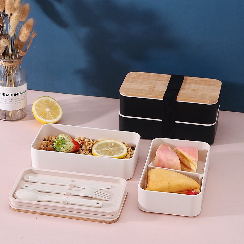 Japanese Style Double Layer Lunch Box With Utensils and Bamboo Lid jhS ...