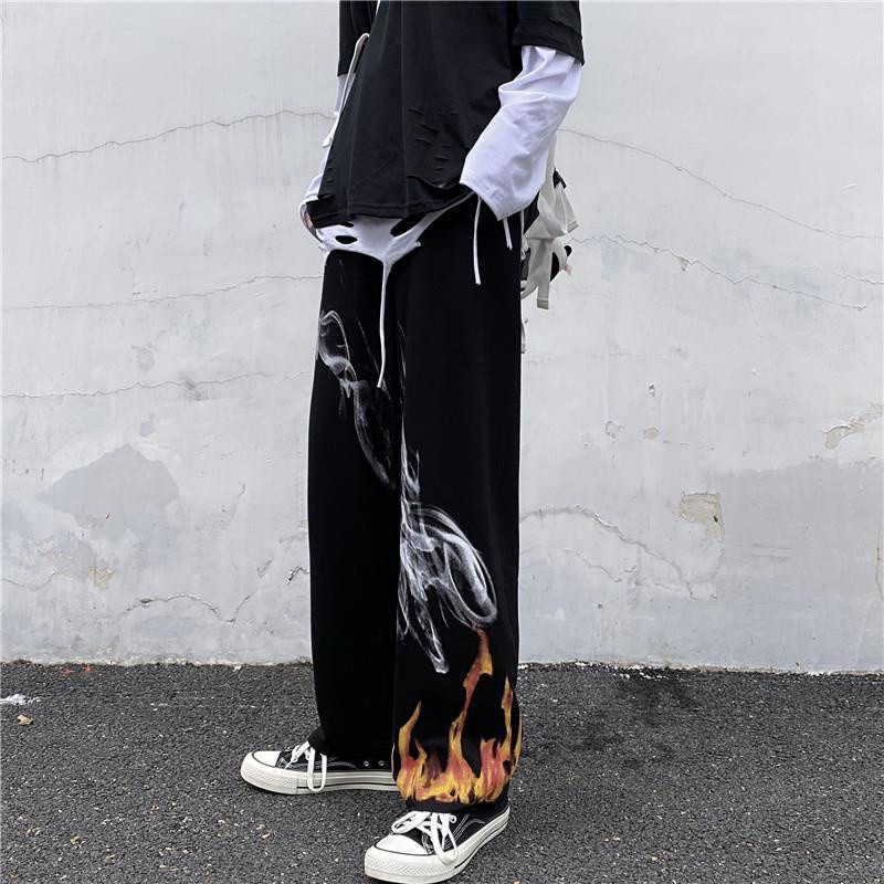 Autumn Retro Fire Flame Print Casual Trousers Loose Wide-leg Pants Men ...