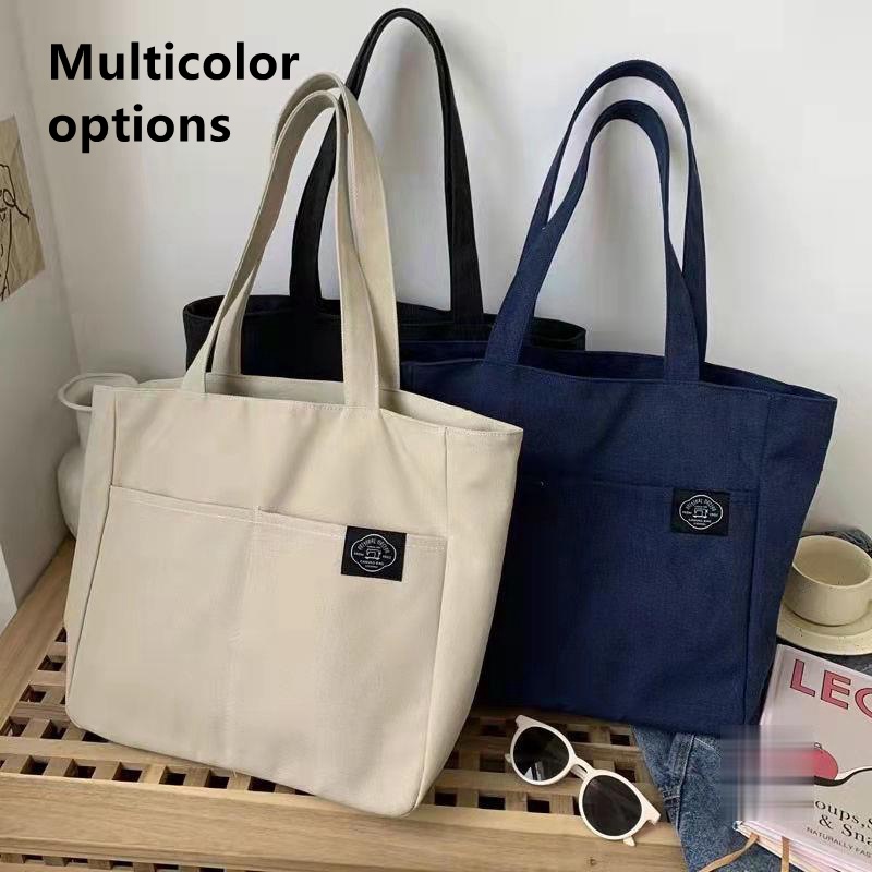 Korean Double Pockets New Fashion Canvas Tote Bag Casual Shoulder Bags With Zipper For Women ...