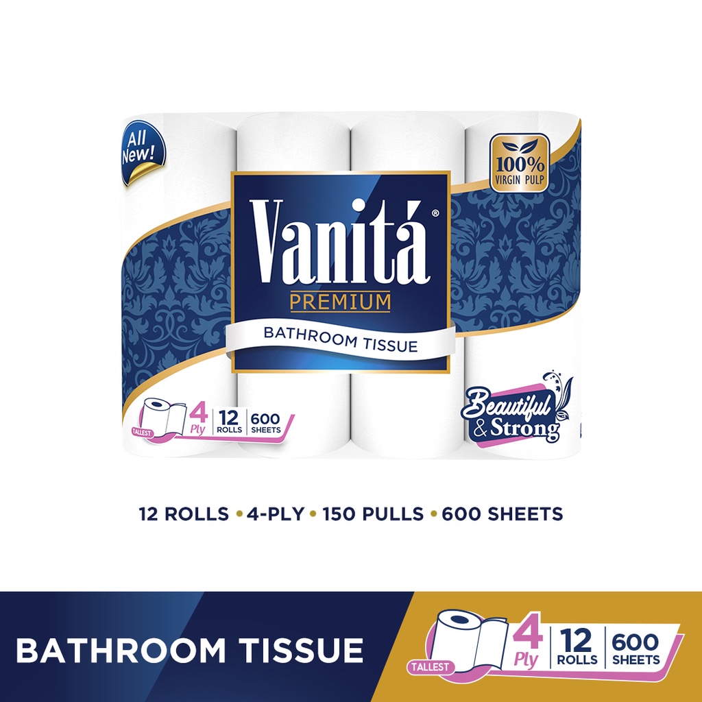 VANITA BATHROOM TISSUE - 4PLY - 150PULLS 600 SHEETS - 12 ROLLS ONE PACK ...