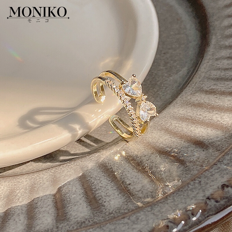 MONIKO Gold Double Heart Bowknot Diamond Ring Shiny fashion Accessories ...