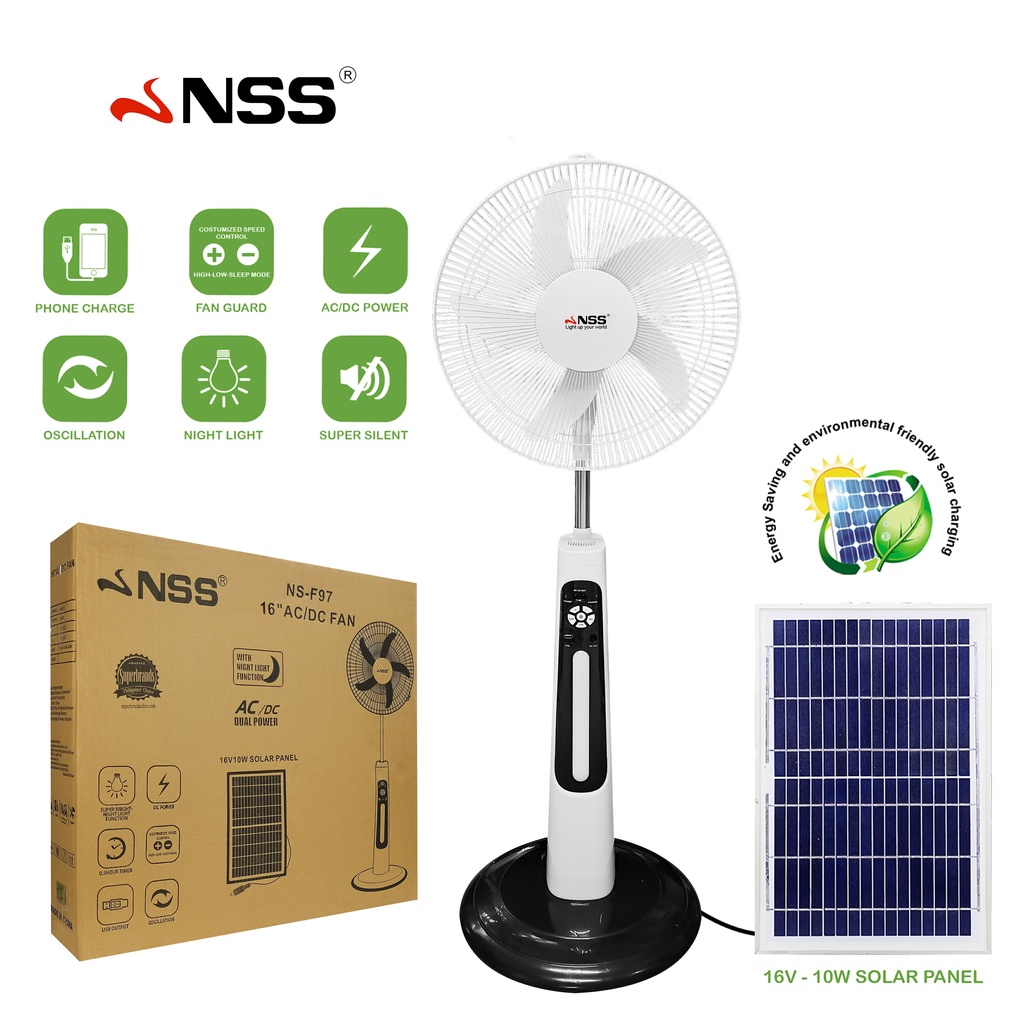 NSS Solar Rechargeable Fan Energy Saving With Solar Panel Dual Power 16 ...