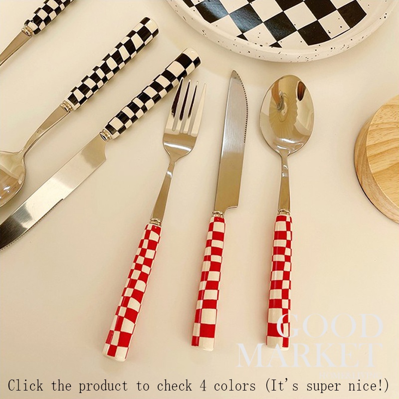 High Quatity Plaid Korean Spoon and Fork Set Stainless Aesthetic Pork ...