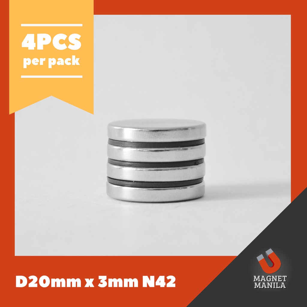 Magnet Manila 4 Pcs D20mm X 3mm N42 Ndfeb Neodymium Super Strong Magnet ...