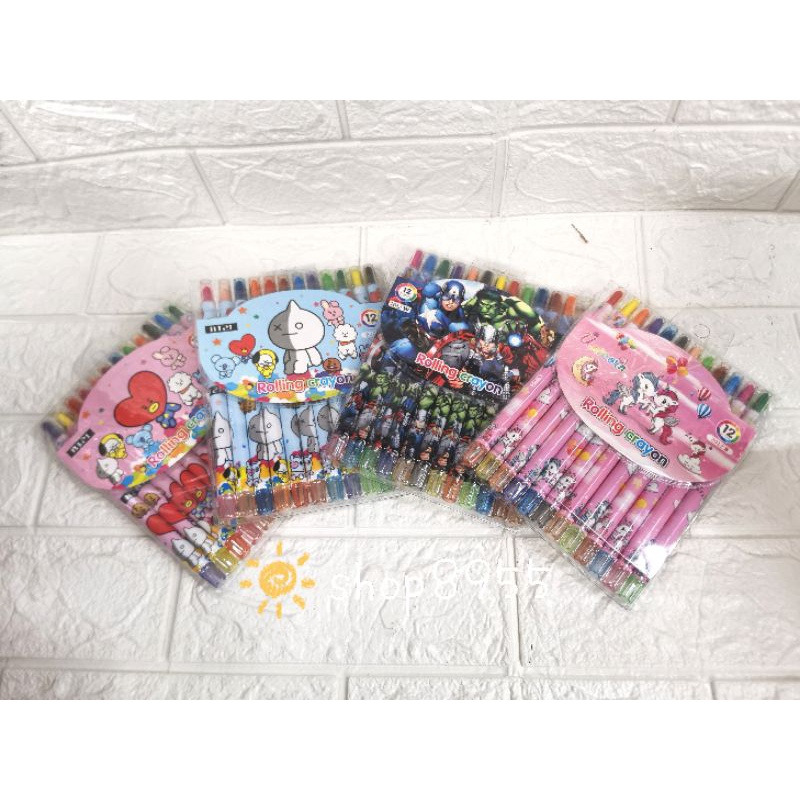 12Colors long rolling crayons bts BT21and unicorn cartoon charater ...