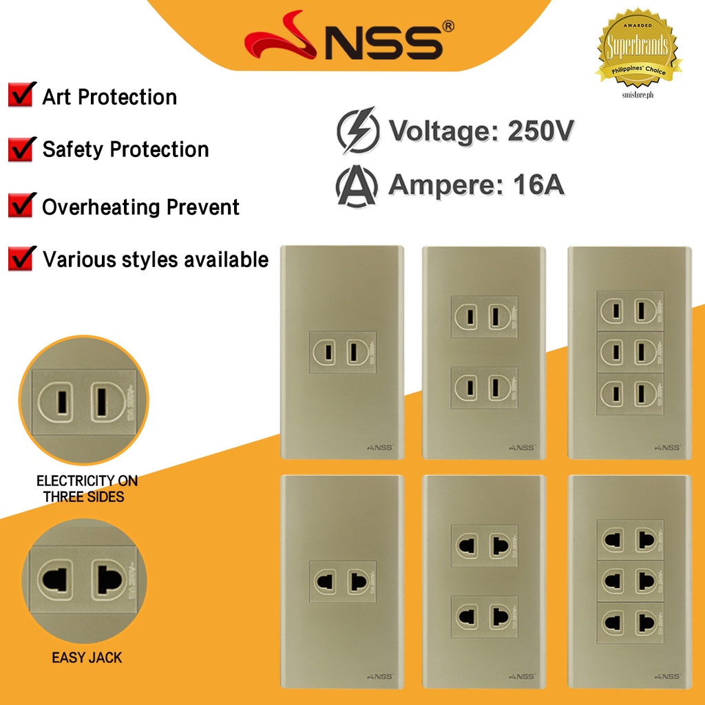 NSS Gold Wall Socket Wide Series Flat and Round Pin Duplex Utility ...