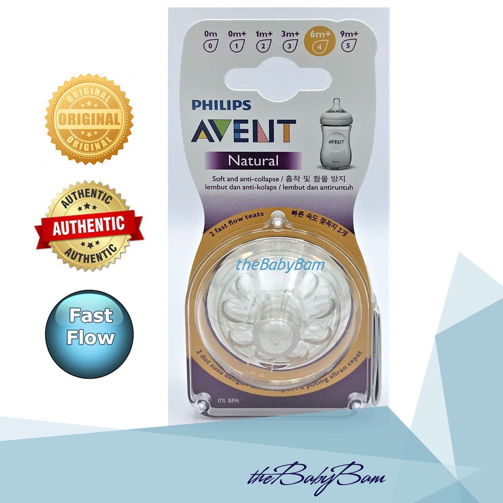 Philips Avent Natural Nipple Teats 6m Fast Flow 3 Holes 2pcs Pack