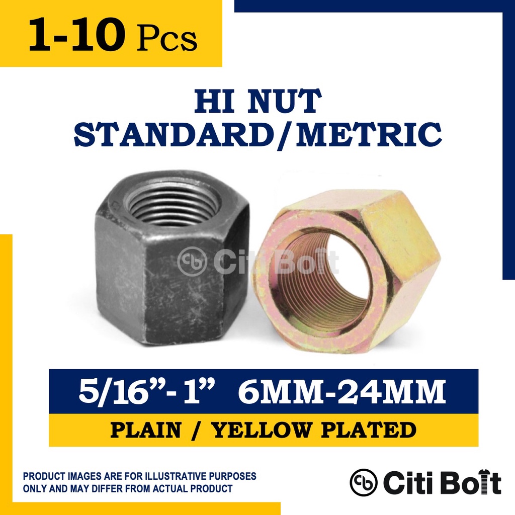 1-10pc Hi Nut / High Hex Nut / Tall Nut, Standard & Metric ( 5/16" to 1 ...