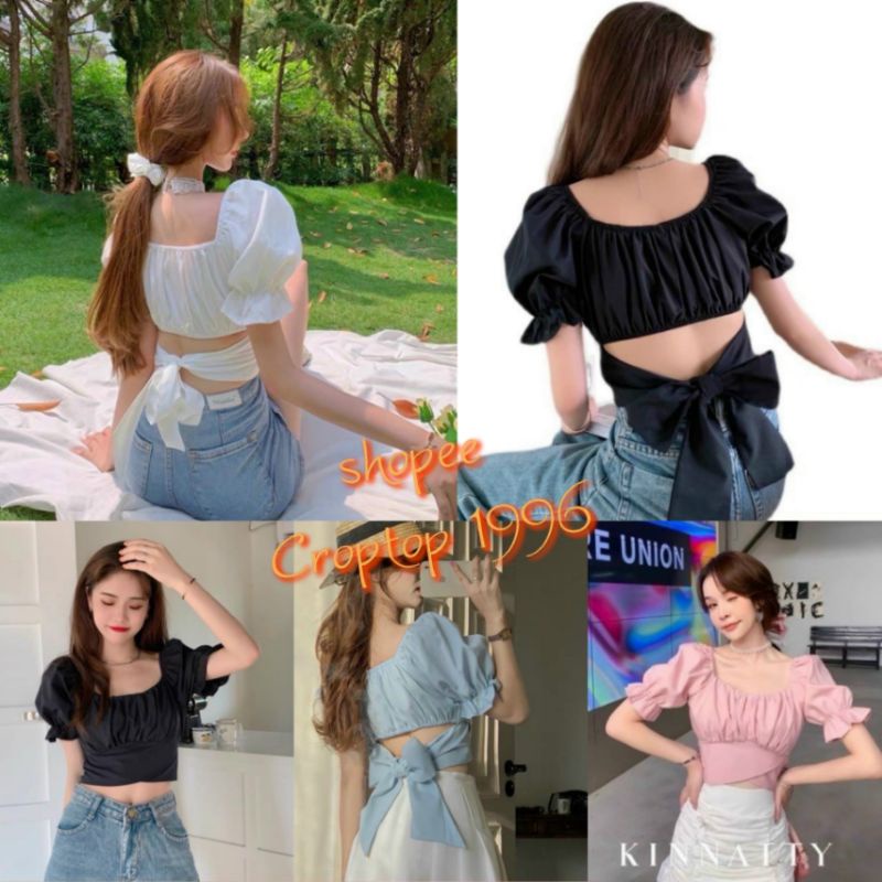 Crop top with bow tie at the back - crop top with U neck and puffed ...