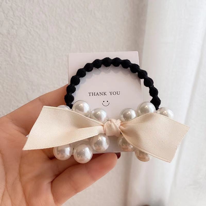 Korean Fashion Bow Hair Band Pearl Hair Band High Elastic Girl Ponytail ...