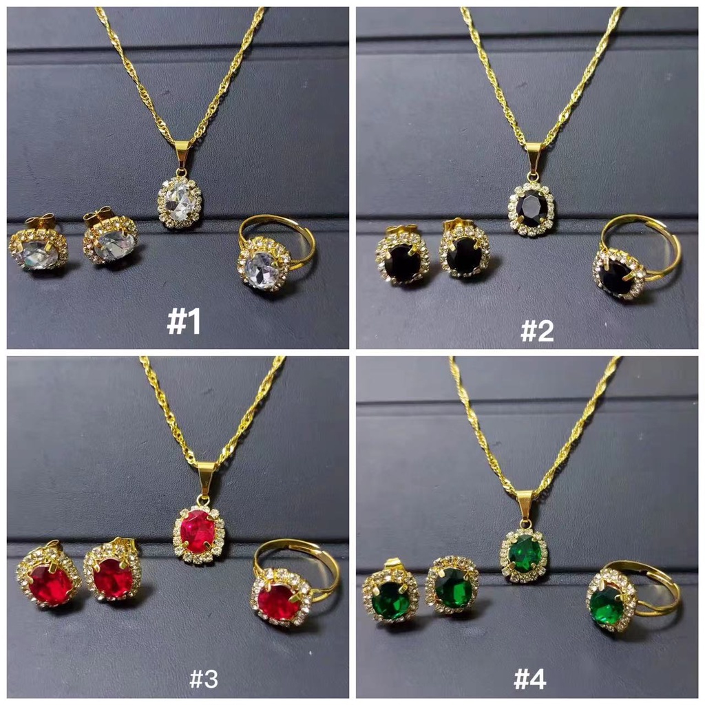 Jewelry Gold Plated 3in1 Necklace Stone Stud Earrings Adjustable Ring ...