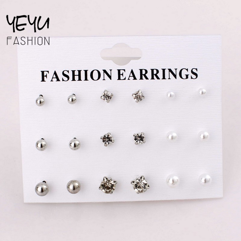 9 Pairs of Simple Rhinestone Pearl Round Earrings Set | Shopee Philippines