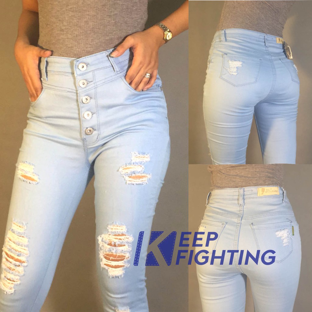 Women's blue high waist 5-button jeans | Shopee Philippines