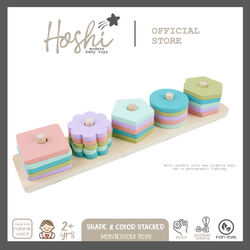 "Shape & Color Stacker" Montessori Wooden Educational Baby Toy, Motor ...