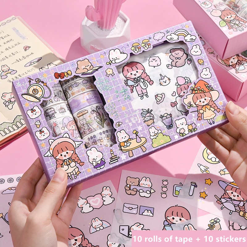 10 Stickers + 10 Rolls Of Sticker Tape 10/20 Rolls Of Hand Account Tape Cartoon Stickers ...