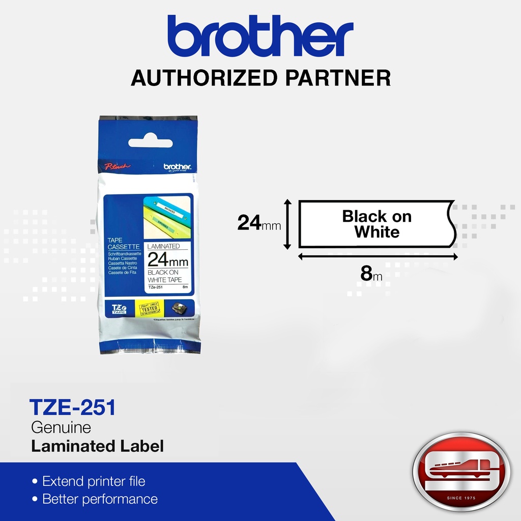 Brother TZe-251 Black on White 24mm Labelling Tape (100% Original ...