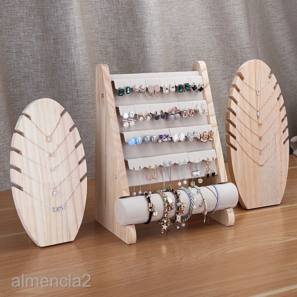 Natural Wood Jewelry Display Rack Earrings Bracelet Holder Organizer ...