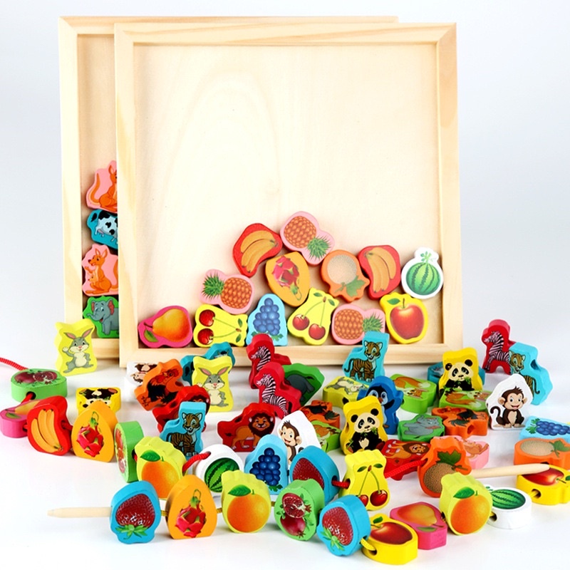 36pcs wooden DIY toys fruit animal stringing string threading wooden ...