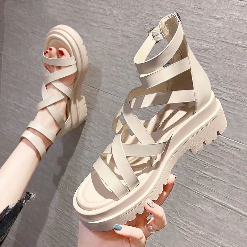 22 New Style Korean Version Sandals Back Zipper Cross Strap Thick-Soled ...