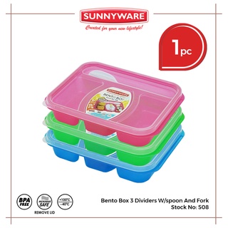 1 pc Sunnyware 508 Bento Box 3 Divisions Lunch Box w/ Spoon Fork ...