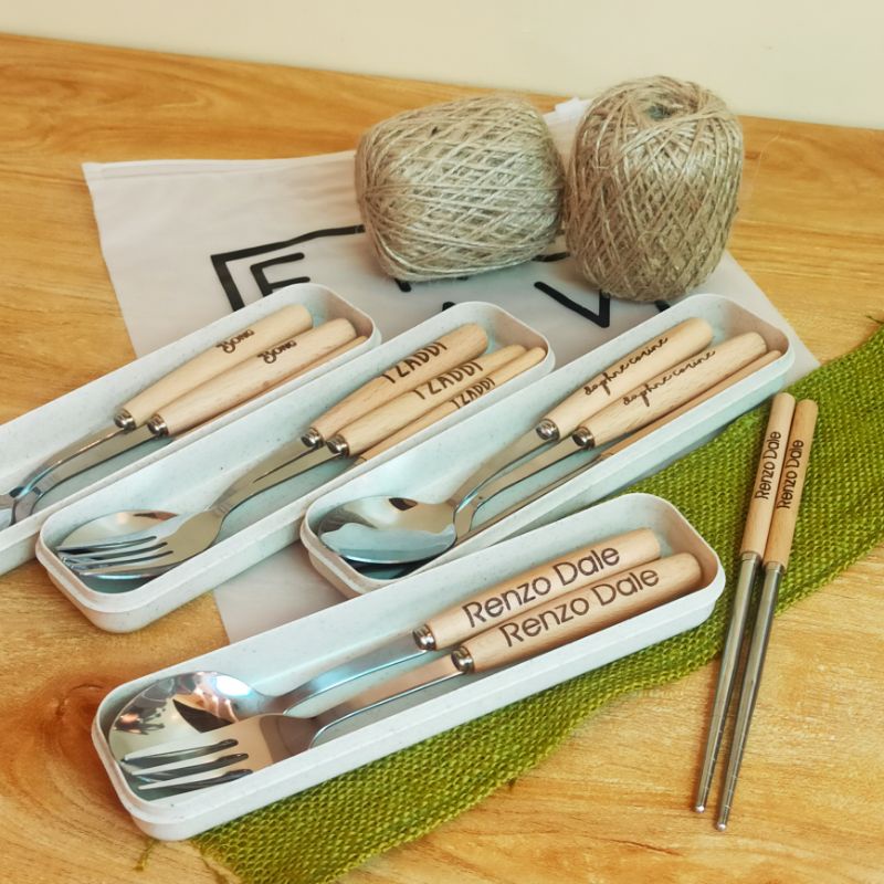 Personalized Wooden Spoon Fork Chopsticks with Case Set. | Shopee ...