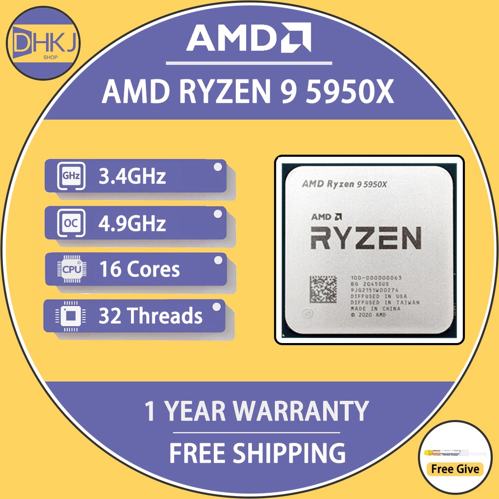 USED AMD Ryzen 9 5950X R9 5950X CPU 3.4 GHz 16 Cores 32 Threads Office Gaming Processor AM4 100 ...
