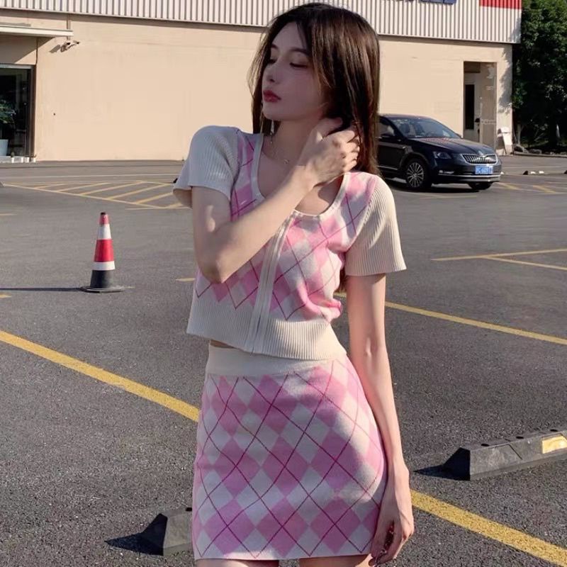 Korean fashion 2pcs set /Knit Set Simple Was Thin Plaid Top Skirt Two ...